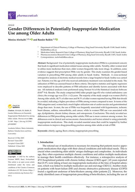Pdf Gender Differences In Potentially Inappropriate Medication Use