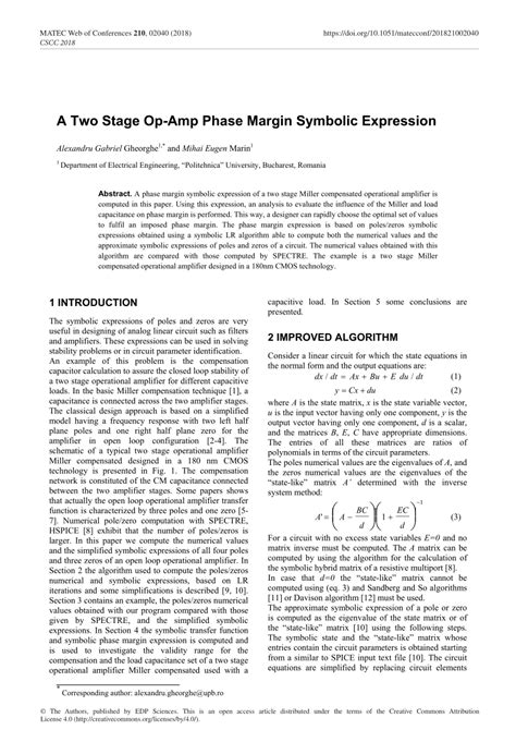 Pdf A Two Stage Op Amp Phase Margin Symbolic Expression