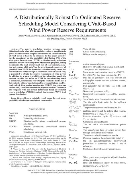 Pdf A Distributionally Robust Co Ordinated Reserve Scheduling Model Considering Cvar Based