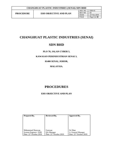 Ehs 01 Ehs Objective And Plan Pdf Occupational Safety And Health Personal Protective Equipment