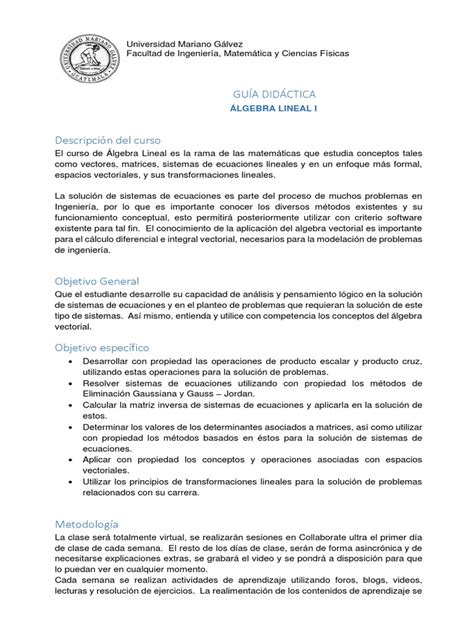 Guía Didáctica 935 Álgebra Lineal I Pdf Matriz Matemáticas