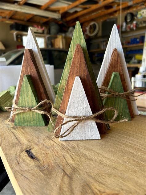 1 Set 3 Assorted Wood Block Trees Etsy Uk Wooden Christmas Crafts