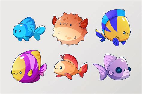 Lindo Juego De Peces Brillantes Dibujos Animados Conjunto De Personajes