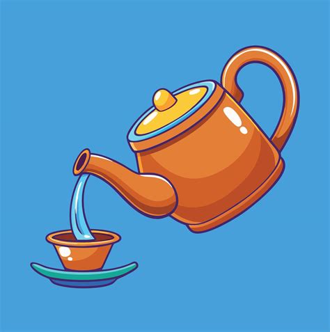 Cartoon Teapot Pouring Tea Into Cup On Saucer Bright Blue Background