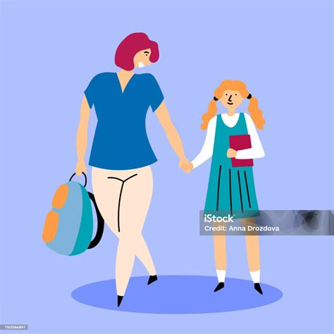 Mom Escorts Daughter To Study In First Grade Back To School Stock