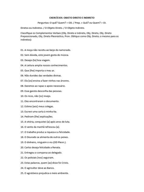 Exercício De Objeto Direto Para Aluno Pdf