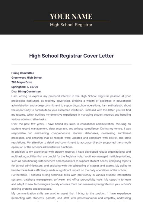 Free High School Registrar Cover Letter Template To Edit Online