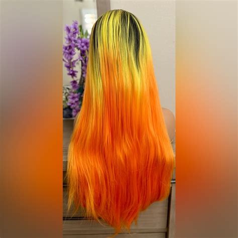 Hair Yellow Orange Dark Root Sunset Lace Front 28 Inch Long Layered