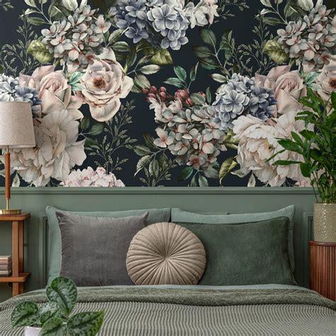 Victorian Floral Wallpaper With Roses And Hydrangeas In Blue And Pink