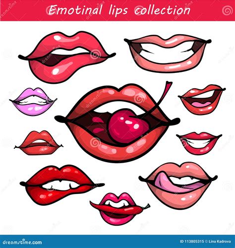 Woman Fashion Lip Gestures Set Girl Mouths Close Up With Red And Pink
