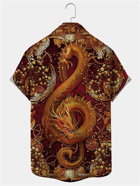 Royaura Vintage Golden Dragon Hawaiian Shirt Mens Punk Short Sleeve