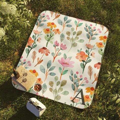 Monogrammed Boho Floral Picnic Blanket Cute Spring Summer Floral