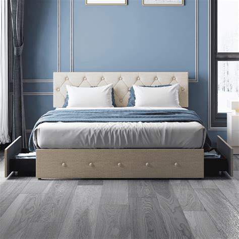 Zafly Beige Cal King Bed Frame With Headboard 4 Drawers Wooden
