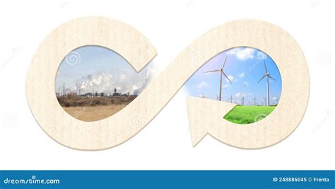Circular Economy Symbol And Factory Plant Smoke Smog Polluted Grass And And Green Grass And
