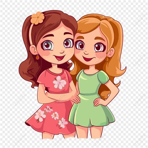 두 만화 여자 친구 포즈와 미소 벡터헤어스타일자매 Png 일러스트 무료 다운로드 Lovepik