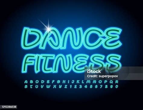 벡터 네온 배너 댄스 피트니스 빛나는 창조적 인 알파벳 문자 및 숫자 세트 건강한 생활방식에 대한 스톡 벡터 아트 및 기타 이미지 건강한 생활방식 광학 작용 그래픽