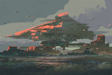 Mega Structure In Sci Fi City At Sunset Stock Illustration
