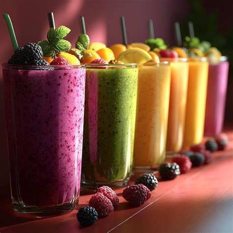 A Lineup Of Colorful Smoothies In Tall Glasses Each With Different Flavors Like Berry Mango And