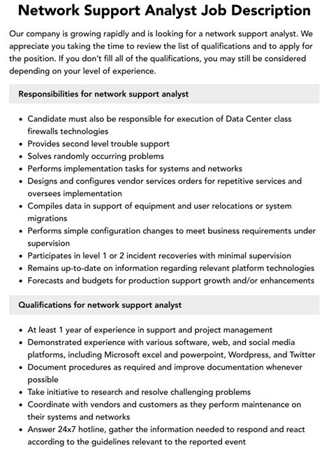 Network Support Analyst Job Description Velvet Jobs