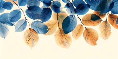 Golden Blue Tree Leaves On White Background Perfect Wall Art Concept