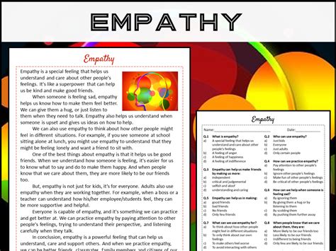 Empathy Reading Comprehension Passage And Questions Pdf Teaching