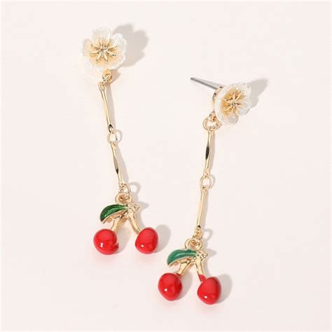Ifashionbox Jewelry Gold Metal Flower Stem Red Cherry Dangle