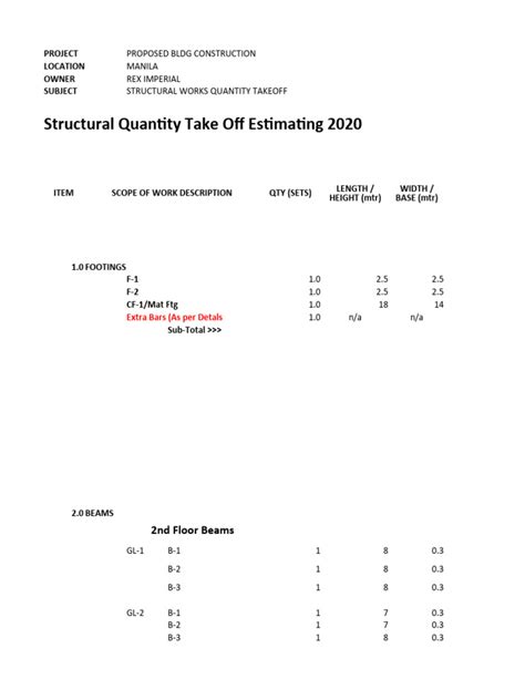 Quantity Takeoff Template Pdf Building Engineering Structural