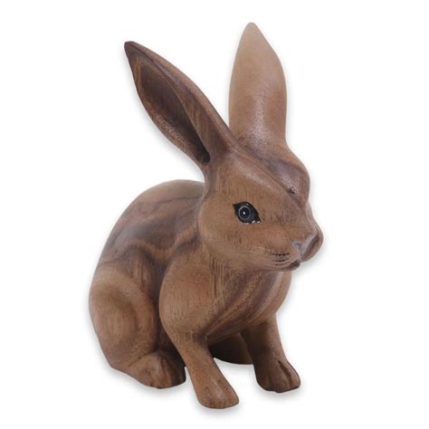 Fair Trade Hand Carved Wooden Rabbit Statuette Cute Ginger Rabbit Novica