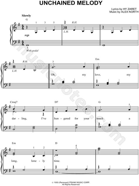 The Righteous Brothers Unchained Melody Sheet Music Easy Piano In G