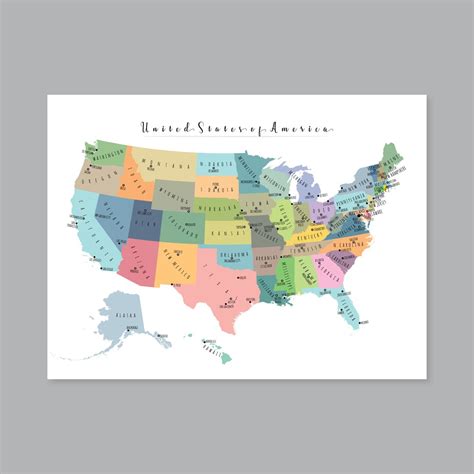 Printable Usa Map States Capitals Cities Pdfpng Digital Download