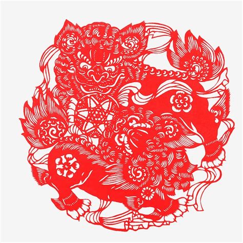 中国风剪纸逗红醒狮图宝宝 中国文化 传统文化 舞狮 绣球 手工艺 刺绣工艺品 红色绣球 花瓣网