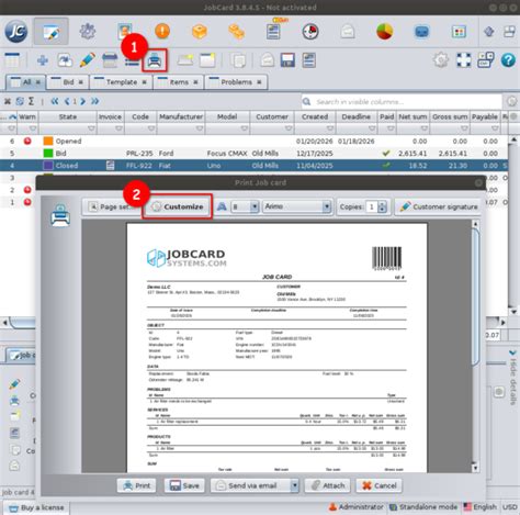 Printout Settings Jobcardsystems