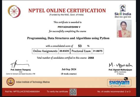 Priyadharshini Vadivelmurugan On Linkedin Python Datastructures Nptel Programming