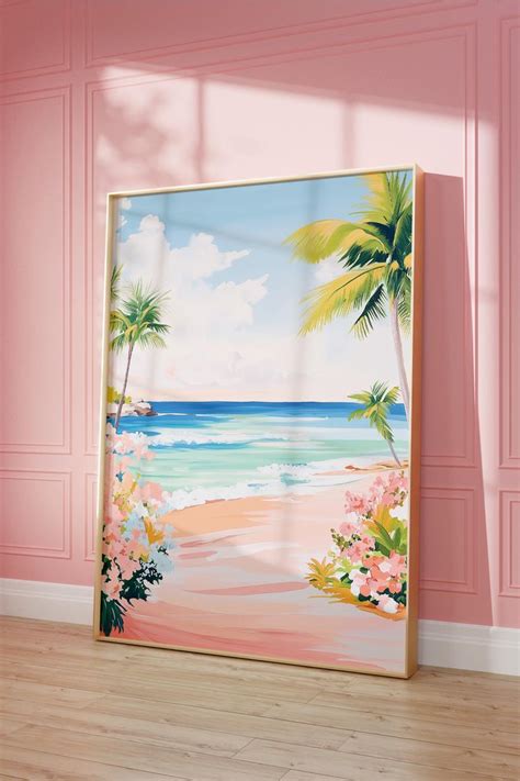 Tropical Pink Beach Art Coastal Palm Tree Landscape Print Digital Download Etsy Tropische
