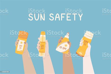 spf로 자외선 차단제를 들고 손을 가진 파란 배경 평면 스타일의 일러스트 여름 화장품 수집 스킨 케어 uv 제품 튜브 로션