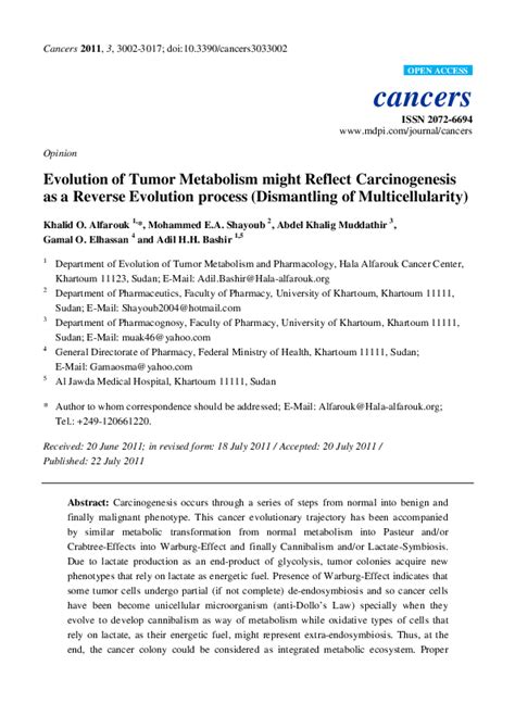Pdf Evolution Of Tumor Metabolism Might Reflect Carcinogenesis As A