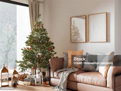 크리스마스 인테리어 프레임 거실 포스터 빈 가정 디자인 새해 요소 모형 연간 휴일 3d 렌더링 크리스마스에 대한 스톡 사진 및 기타 이미지 Istock
