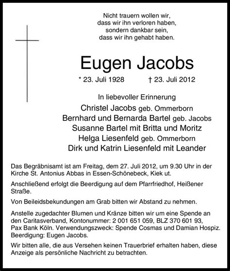 Traueranzeigen Von Eugen Jacobs Trauer In Nrw De