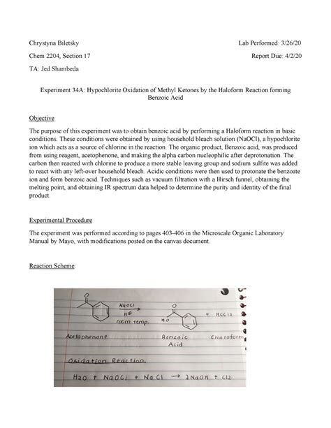 Experiment 34a Hypochlorite Oxidation Of Methyl Ketones By The