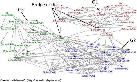 Deduced Social Network Showing Three Subcommunities And Bridge Nodes