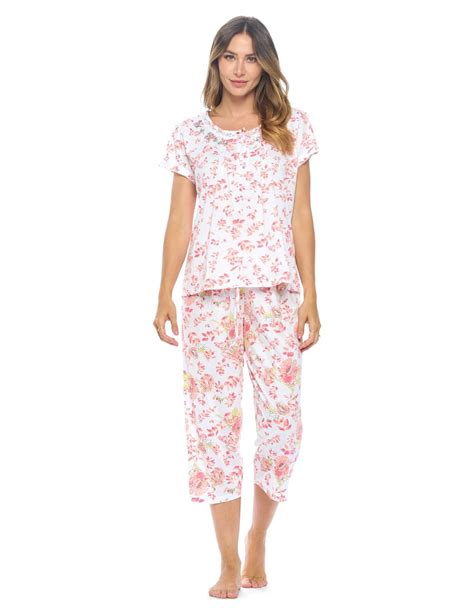 Casual Nights Womens Short Sleeve Embroidered Floral Capri Pajama Set