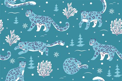 Seamless Pattern With Snow Leopards In The Winter Forest Vector