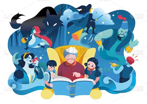 祖母读童话给她的孙子，阅读和讲书童话故事，孩子听他们的祖母讲故事，矢量插图素材 花瓣网