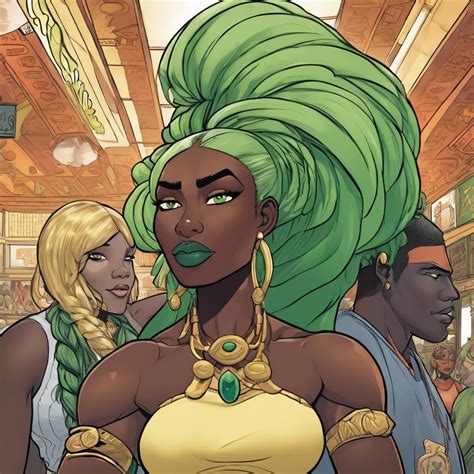 A Giant Woman She Has Green Hair And Black Skin The Giant Woman Protects A Small Woman The Small