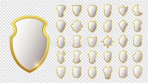 Set Of Realistic Golden Heraldic Shields Glass And Glossy Shield