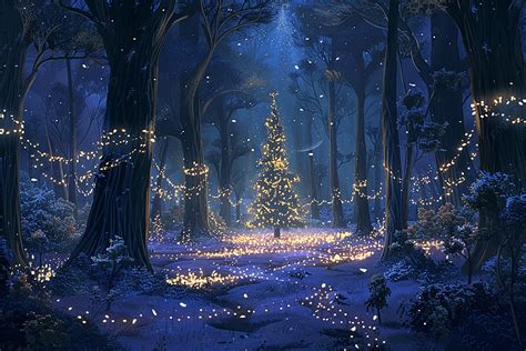 A Magical Forest Clearing With Twinkling Lights And Christmas Tree In