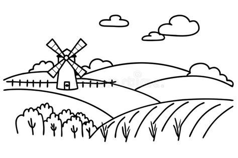 Simple Windmill Landscape Drawing With Hills Clouds And Trees Ai
