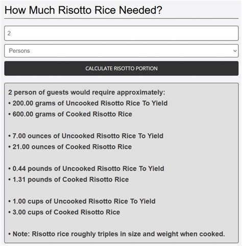 Risotto Per Person And Risotto Portion Calculator Miss Vickie