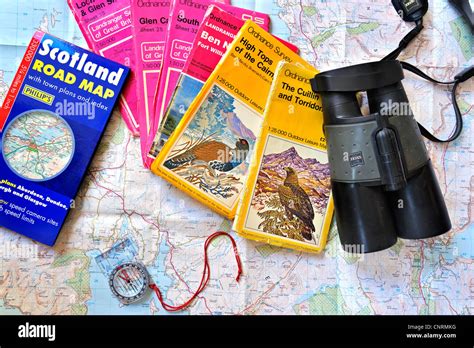 Compass Binoculars And Assortment Of Scottish Ordnance Survey Topographical Maps About Scotland