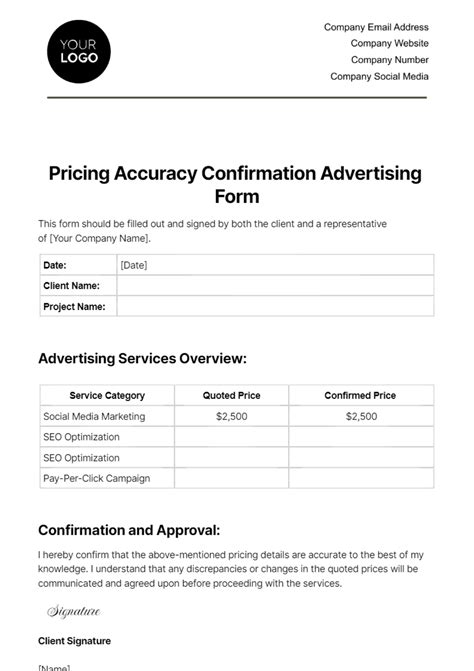 Free Pricing Accuracy Confirmation Advertising Form Template To Edit Online